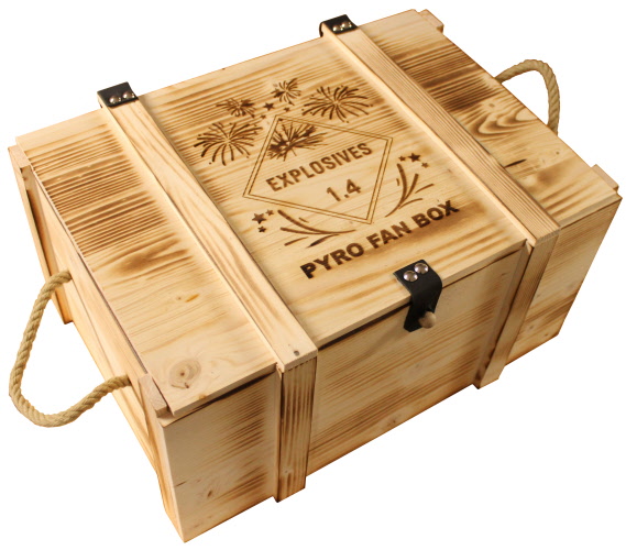 Pyro Fan Box aus geflammten Holz mit eingebrannten Logos für ...